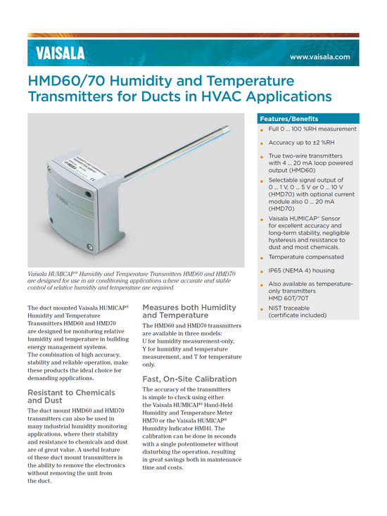 바이살라(VAISALA) / (주)파인웨더 / 산업용 덕트용 온도습도센서, 덕트용 온습도계 자료 / HMD60/70 ...