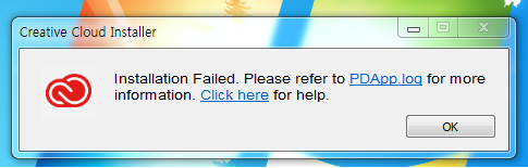 [Creative Cloud] Installation Failed. Please refer to PDApp.log for more information. Click here ...