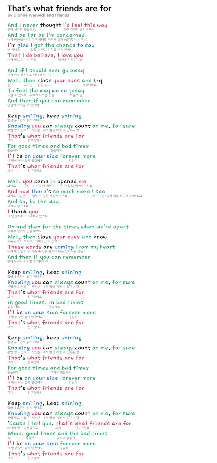 That's what friends are for-Dionne Warwick and Friends (가사/해석포함) : 네이버 블로그