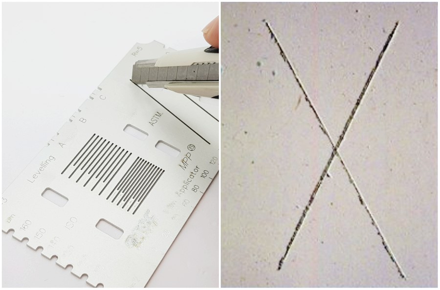 X-cut, Cross-cut(크로스컷) 부착력 시험 및 습도막측정, 점도 측정, 직경 테스트, 필름 어플리케이터. (TQC ...