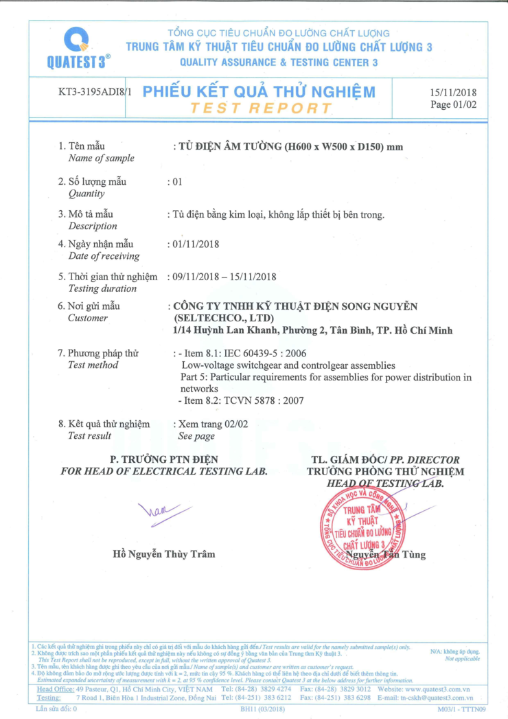 베트남 국가시험인증기관인 품질보증시험원(QUATEST-3) TEST REPORT-매입형 분전반(FLUSH TYPE DB ...