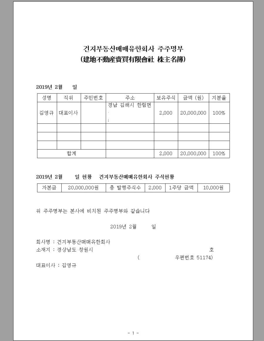 주주명부/발기인회의사록/이사결정서/조사보고서 : 네이버 블로그