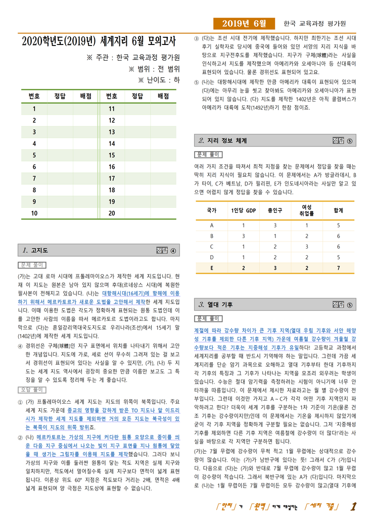 2020학년도2019년 6월 고3 수능 모의평가 세계지리모의고사 정답과 해설 정리 네이버 블로그