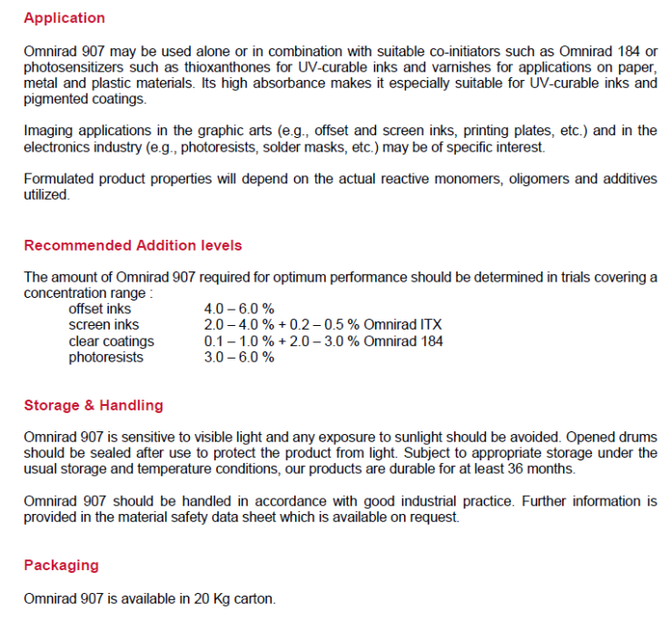 Omnirad 907 - 저가 유색 잉크, 표면 경화 개선등 : 네이버 블로그