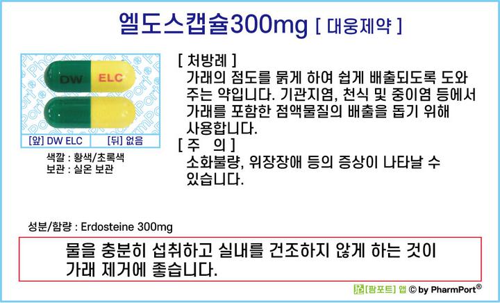 팜포트]-엘도스캡슐300mg(에르도스테인, Erdosteine) [대웅제약] ( 약품정보 / 복약안내문 / 생활요법 )- 거담제 ...
