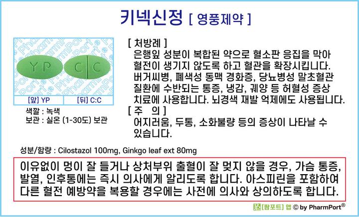 팜포트 키넥신정 영풍제약 약품정보 복약안내문 혈액순환개선제 뇌경색 말초순환 장애항혈소판제은행엽엑스