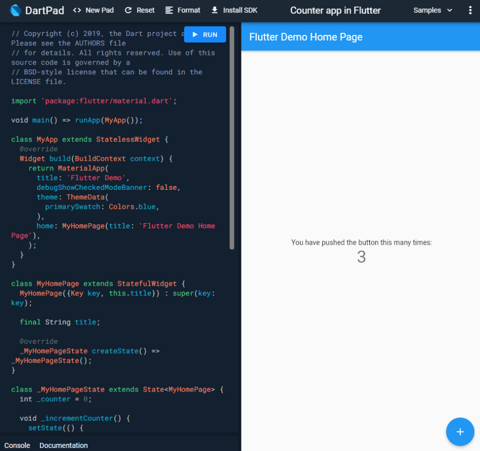 [플러터/Flutter]웹사이트에서 플러터 체험하기/쉽게 플러터 접하기/다트패드 dartpad.dev 이용하기 : 네이버 블로그