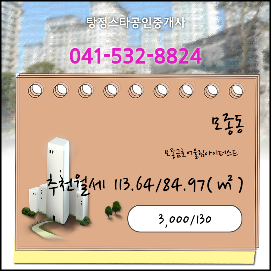 모종동아파트 모종금호어울림아이퍼스트 102동 113.64/84.97(㎡) 월세3,000/130 앞동. 고층뷰. 안방붙박이장 ...